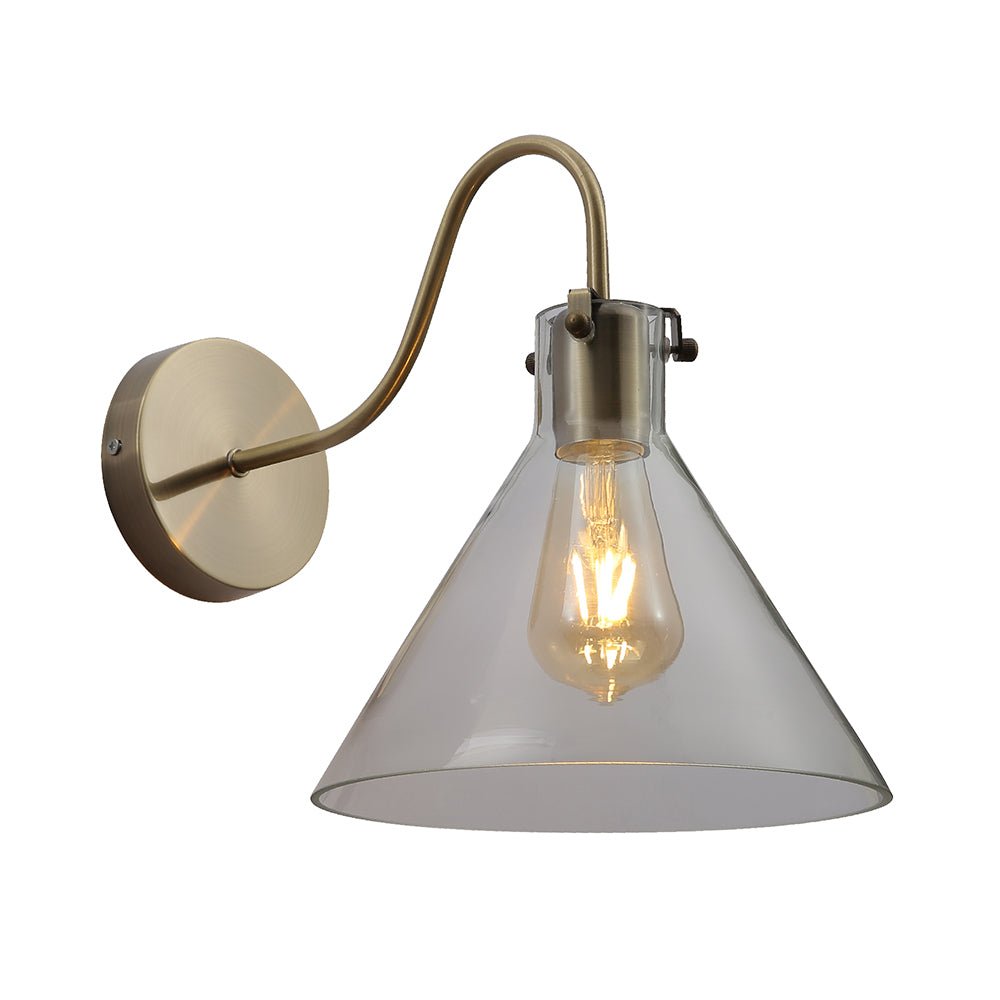 Antique Brass Metal Clear Glass Funnel Wall Light with E27 Fitting | TEKLED